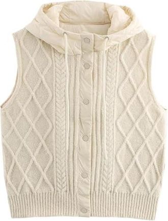Generic Gilet matelass&eacute; &agrave; capuche en tricot l&eacute;ger et rembourr&eacute; sans manches pour femme, beige, Taille unique