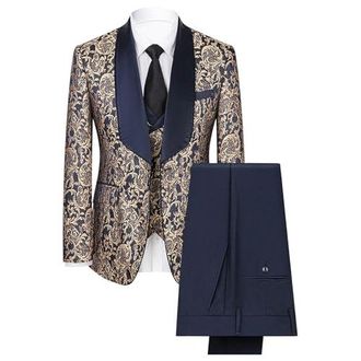 Generic Costume 3 pi&egrave;ces pour homme en jacquard cachemire avec ch&acirc;le et revers - Coupe ajust&eacute;e - Blazer floral - Veste gilet et pantalon - Pour f&ecirc;te et d&icirc;ner,