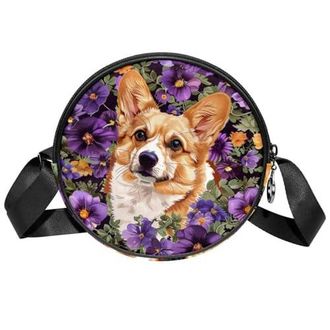 Generic Sac &agrave; bandouli&egrave;re Circle pour femme, motif floral Corgi, violet, petit sac &agrave; bandouli&egrave;re avec fermeture &eacute;clair, bretelles r&eacute;glables, sac &agrave; main rond d