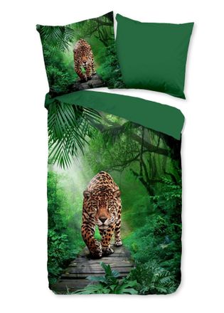 JACK Mikrofaser Bettw&auml;sche 2 TLG. 135x200cm Amazonas Dschungel Jaguar Gr&uuml;n