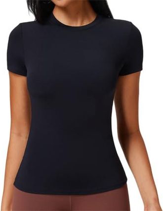 Generic Hauts courts d&eacute;t&eacute; pour femmes 2026 &agrave; manches courtes et col rond coupe ajust&eacute;e T-shirt basique Y2k mignon pour entra&icirc;nement de gym, sorties, hauts ten