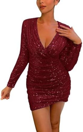 Generic Robe de soir&eacute;e scintillante &agrave; manches longues pour femme - Coupe ajust&eacute;e - Midi Swing - Style vintage - Pour mariage, cocktail, bal de fin dann&eacute;e, f&ecirc;t