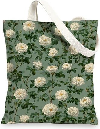 Generic Sac fourre-tout en toile à motif floral élégant et respectueux de lenvironnement, sac fourre-tout vintage botanique léger lavable, vert, 13x15 Inch