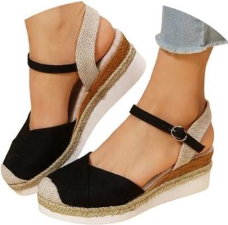 Generic Sandales compens&eacute;es &agrave; bout ferm&eacute; pour femme, espadrilles &agrave; talons bas, semelle compens&eacute;e &agrave; bout ferm&eacute;, &eacute;lastique, coupe large, sangle de cheville r&eacute;gl