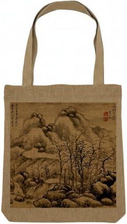 Fabulous Sac Shopping Tote Bag Aspect Lin - Estampe Japonaise 4 Montagne et Arbres Art D&eacute;licat Original Vintage - Sac de Courses Toile Epaisse 360g Beige Natur