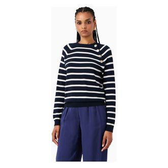 Emporio Armani Femme, Pulls, Bleu, Taille: 42 FR Pull ray&eacute; &agrave; col rond avec boutons aux &eacute;paules