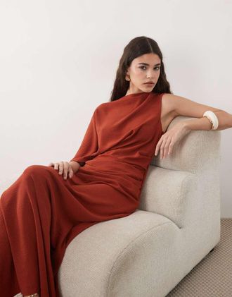 Asos Robe longue asym&eacute;trique avec plis &agrave; la taille - Rouille-Rouge
