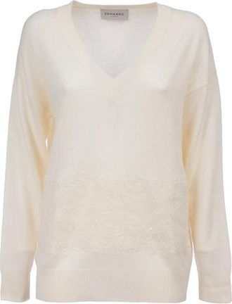 Ermanno Scervino Femme, Pulls, Beige, Taille: 38 FR Pull en maille &agrave; col V et finitions dentelle