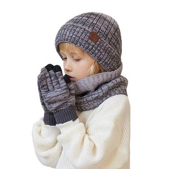 Generic Ensemble de 3 pi&egrave;ces pour enfants de 4 &agrave; 10 ans avec bonnet, gants de cou, gants de protection auditive et chaud en laine tricot&eacute;e pour grands enfants