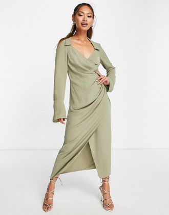 Asos Midikleid in Khaki im Stil der 70er mit drapiertem Wickeldesign vorne-Gr&uuml;n