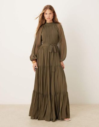 Lace & Beads Robe longue &eacute;tag&eacute;e &agrave; manches ballon - Olive fonc&eacute;-Vert