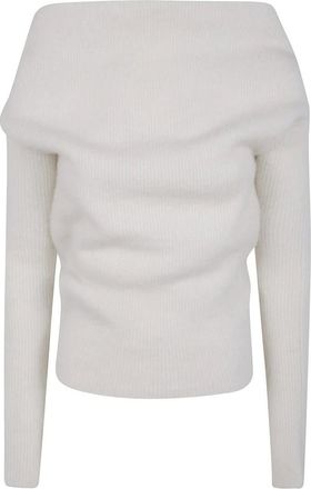 Rick Owens Femme, Pulls, Blanc, Taille: 42 FR Pull en maille c&ocirc;tel&eacute;e &agrave; &eacute;paules d&eacute;nud&eacute;es