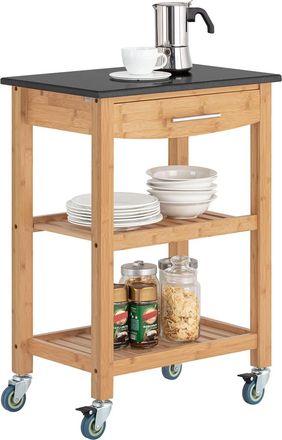 SoBuy Servierwagen mit Rollen Küchenwagen mit Arbeitsplatte Rollwagen Küche Beistelltisch Servierwagen Outdoor Bambus mit Granitplatte 58x85x40cm FKW28-SCH