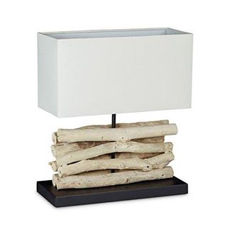 Relaxdays Tischlampe Holz Design rechteckig mit St&auml;nder aus &Auml;sten H: 40,5 cm rustikale Tischleuchte mit 2 m Kippschalter und hellem Lampenschirm aus Baumwolle N