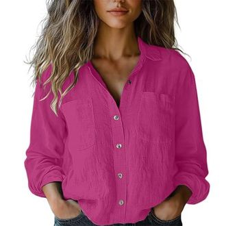 Generic Chemise d&eacute;contract&eacute;e en coton et lin pour femme - Manches longues - Couleur unie - Haut de travail ample avec poches - T-shirt &agrave; manches longues pour 