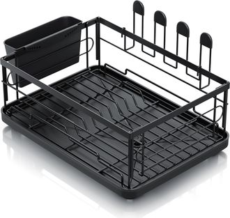 Arendo Abtropfgestell Geschirr - Geschirrst&auml;nder gro&szlig; - mit 4 Fach Glashalter - Abtropfschale mit 360&deg; Ablauf - Besteckhalter - f&uuml;r Teller Schalen Tassen T&ouml;p