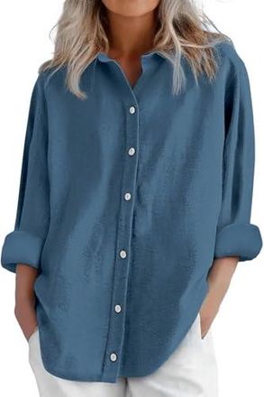 Generic Chemise surdimensionn&eacute;e boutonn&eacute;e pour femme en coton et lin - Chemisier d&eacute;contract&eacute; &agrave; manches longues et col mandarin - Haut boh&egrave;me de plage, bleu, X