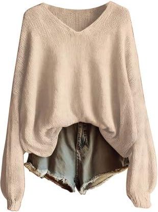 Generic Pull pour femme - Pull doux &agrave; col en V &agrave; manches longues - Ourlet c&ocirc;tel&eacute; - Coupe ample - Confortable - Pour le quotidien, le bureau, les vacances, les