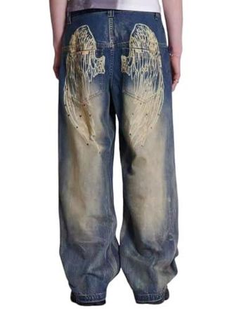 ORANDESIGNE Jean Baggy Femme Pantalon en Denim Imprimé Vintage Jambe Droite Y2K Streetwear