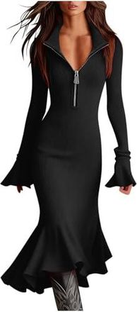 Generic Robe en tricot &agrave; manches cloches et fermeture &eacute;clair quart pour femme - Style queue de poisson moulante &agrave; manches longues, id&eacute;ale pour lautomne, les l