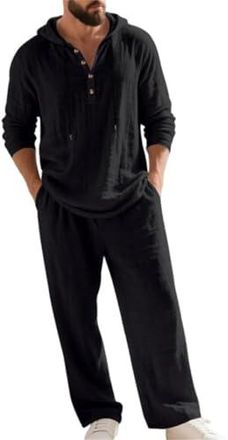 Generic Ensemble 2 pi&egrave;ces d&eacute;contract&eacute; &agrave; capuche en lin pour homme, haut &agrave; manches longues et pantalon &agrave; cordon de serrage pour homme au quotidien, Noir, 3XL