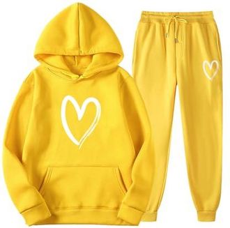 Generic Ensemble de sweat-shirt &agrave; capuche dhiver pour femmes, surv&ecirc;tement d&eacute;contract&eacute; ample de couleur unie avec coeur et velours (Yellow, L)