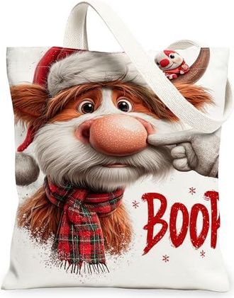 Generic Sacs fourre-tout en toile motif animal de No&euml;l, sacs d&eacute;picerie r&eacute;utilisables, l&eacute;gers et lavables avec bandouli&egrave;re en toile pour, blanc, 13x15 Inch