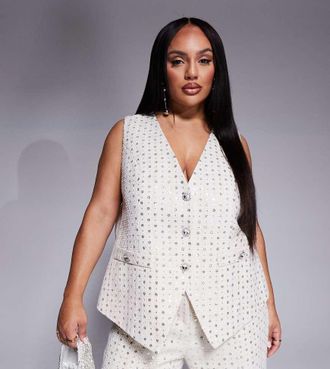 Asos Curve - Gilet de tailleur densemble ornement&eacute; en boucl&eacute; avec noeud dans le dos - Cr&egrave;me-Blanc