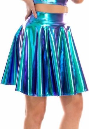 Generic Mini jupe patineuse &eacute;vas&eacute;e en cuir m&eacute;tallique brillant pour femme, jupe patineuse pliss&eacute;e taille haute pour festival, spectacle, f&ecirc;te, tenue iris&eacute;e fl