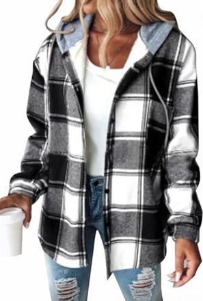 Minetom Veste a Carreaux Femme Chaud Doublure Polaire Sweat à Capuche Manches Longues Hoodie avec Boutons Automne Hiver Manteau A Noir XL