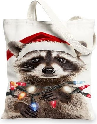 Generic Sacs fourre-tout en toile de raton laveur, motif animal mignon, sacs de courses réutilisables, sacs de courses amusants, légers et lavables avec bando