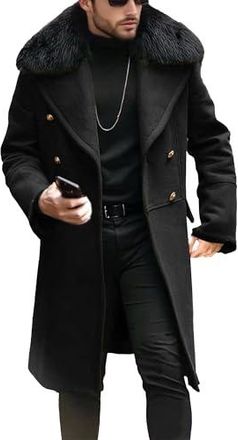 Generic Manteau dhiver &agrave; double boutonnage pour homme avec col en fausse fourrure amovible - Chaud et ajust&eacute;, Noir, 6XL