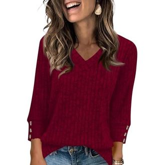 Generic Pull &agrave; Col en V et Manches 3/4 Chic pour Femme - Haut Tricot&eacute; Doux et D&eacute;contract&eacute; Chaud Pas Cher Couleur Unie Automne Hiver Taille 36 38 40 42 44,Vin 