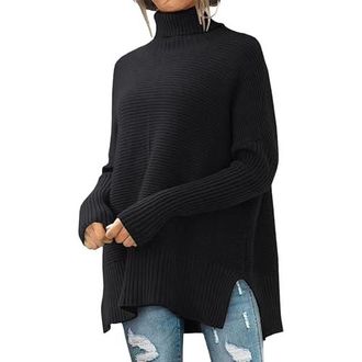 Generic Pull en Tricot &agrave; Manches Chauve-Souris pour Femme, col roul&eacute; surdimensionn&eacute;, Tunique c&ocirc;tel&eacute;e dautomne et dhiver, Style d&eacute;contract&eacute;, Noir, Taille L