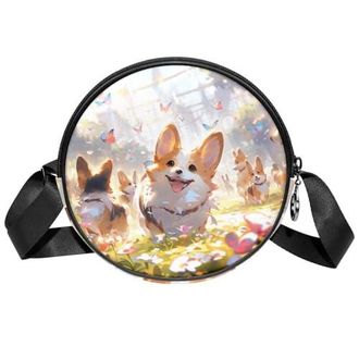 Generic Petit sac &agrave; bandouli&egrave;re Circle pour femme, petit sac &agrave; bandouli&egrave;re Corgi avec fermeture &eacute;clair, bretelles r&eacute;glables, sac &agrave; main rond d&eacute;contract&eacute; pour 