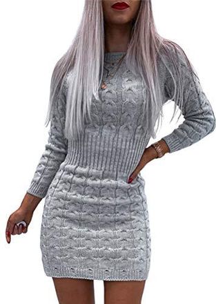Onsoyours Robe Pull Femme Hiver Col Rond &Agrave; Manche Longues Robe en Tricot&eacute; Moulante Casual Pullover &Eacute;l&eacute;gante Chaud Maxi Robe Couleur Pure Dress (S, A Gris)