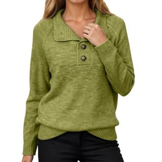 Generic Pull &agrave; col montant boutonn&eacute; en tricot torsad&eacute; pour femme, pull d&eacute;contract&eacute; &agrave; manches longues en tricot de couleur unie, tendance, Vert, XL