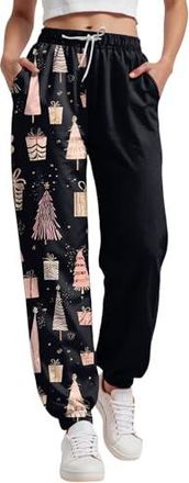 Generic Pantalon de jogging surdimensionné à jambe large pour femme, pantalon de survêtement taille haute sur le thème de Noël avec cordon de serrage et poche