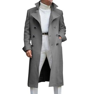 Generic Trench &agrave; revers crant&eacute; pour homme, coupe ajust&eacute;e, double boutonnage, manteau long dhiver chaud pour homme, gris, 3XL