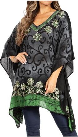 Sakkas 1745 - Adalwin Desert Sun Lightweight Circle Ponch Tunic Top Blouse W/Broderie - 35-BlackMint - OS