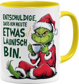 OM3 lustige Anti Weihnachten Kaffee-Tasse mit Spruch - Entschuldigung, dass ich so launisch bin - Keramik Becher - 325ml - Beidseitig Bedruckt - Gelb