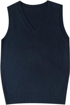 Generic Pull tricoté style preppy avec col en V pour adolescentes, bleu, XXL