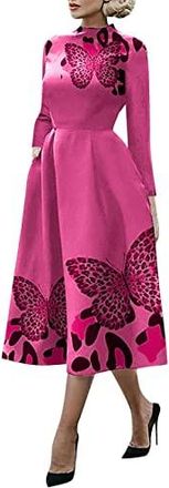 Generic 2026 Robes amincissantes Printemps et &eacute;t&eacute; Femmes Bib Manches Longues Slim Print Dress, rose vif, XXL