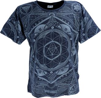 Guru Shop Tibet & Buddhist Art T-Shirt, Flower of Life Mandala Stonewash T-Shirt - Dunkelblau, Herren, Baumwolle, Size:XL