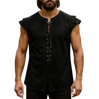 Generic DENGJIAMY Chemises m&eacute;di&eacute;vales pour homme - D&eacute;bardeurs vintage unis - D&eacute;bardeurs d&eacute;t&eacute; d&eacute;contract&eacute;s - T-shirt &agrave; lacets - T-shirt classique basique sans 