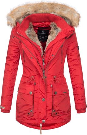 Marikoo Damen Winterjacke Kapuze Kunstfell Winter Jacke warm lang B617 [B617-Grinse-Rot-Gr.S]