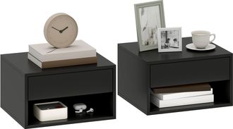 HOMCOM 2er-Set Wand-Nachttische, h&auml;ngende Nachttische mit ausziehbarer Schublade, offenes Fach, Tablett, moderner Stil, 37 x 32 x 21 cm, schwarz
