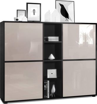 Vladon Highboard Cuba V3, Made in Germany, Schwarz matt/Sandgrau Hochglanz - Moderne Anrichte mit 12 F&auml;chern (130,5 x 105,5 x 35,5 cm)