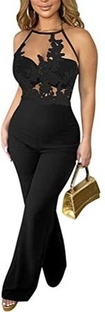Minetom Femmes Combinaison en Dentelle sans Manches Col Rond Jumpsuit DÉté Chic Slim Pantalon pour Soirée Cocktail A1 Noir M
