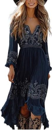 ORANDESIGNE Robe Longue Retro &agrave; Col en V et Manches Longues pour Femmes Robes en Mousseline de Soie Vintage Western Country Robe D&eacute;contract&eacute;e dautomne H Caf&eacute; Fonc